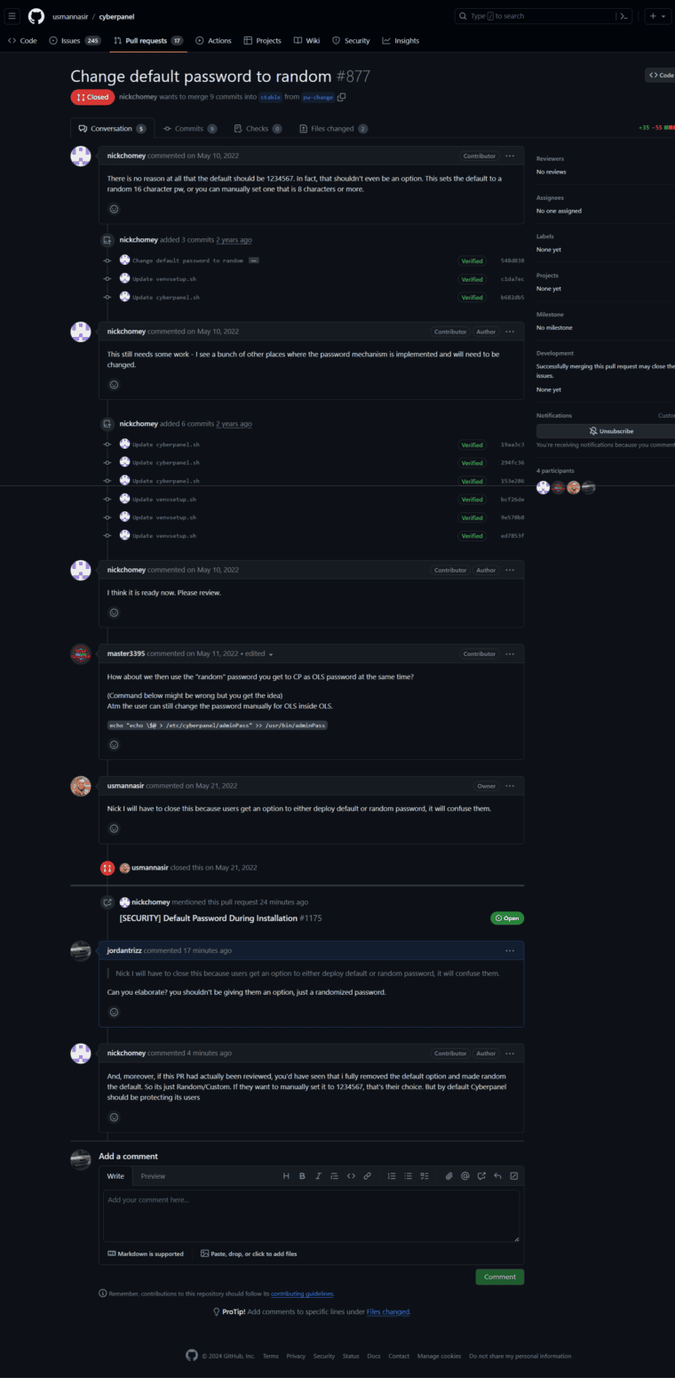 Cyberpanel Security Issue - Default Password During Setup - Managing WP